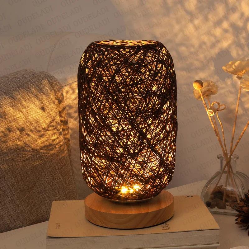 LioraRattan Table Lamp with Woven Rope Shade and Wood Base – petprovac